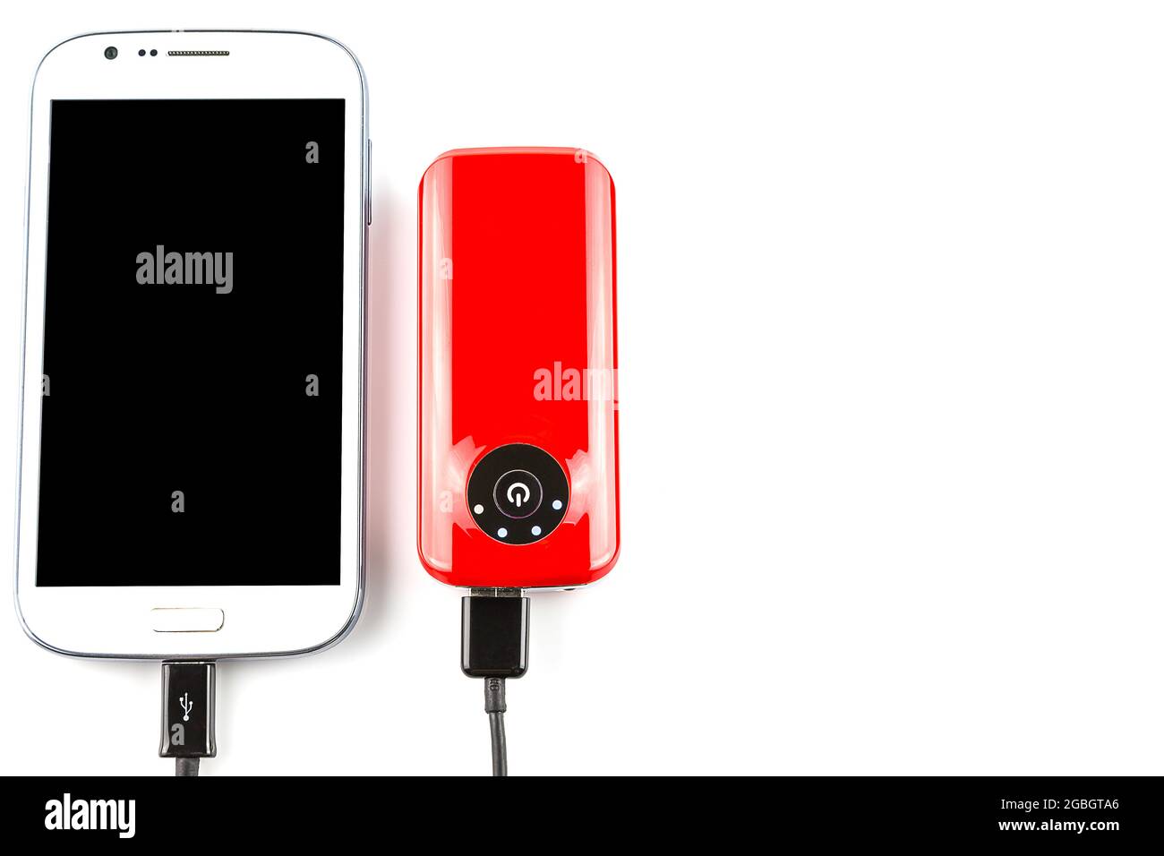 mobile phone with red power bank Recharging isolated on white ...