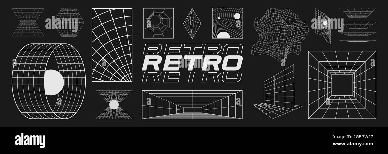 Set of retrofuturistic design elements, perspective grids, tunnel, RETRO title, polar grid ...
