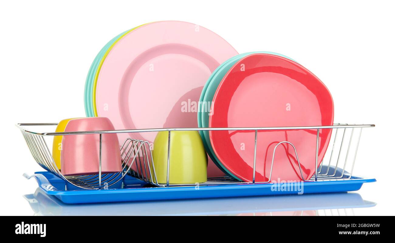 Color plates in rack isolated on white Stock Photo - Alamy