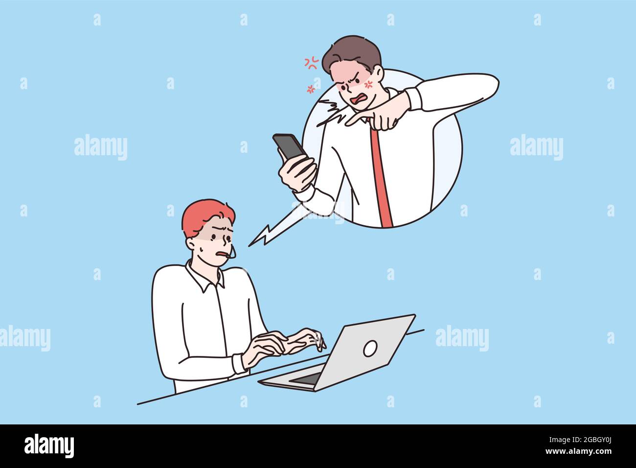 Communication with client at work concept. Angry man customer shouting ...