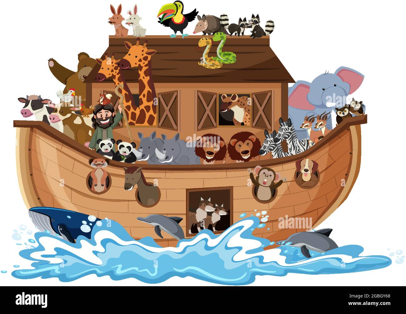 Noah's Ark with Animals on water wave isolated on white background illustration Stock Vector ...