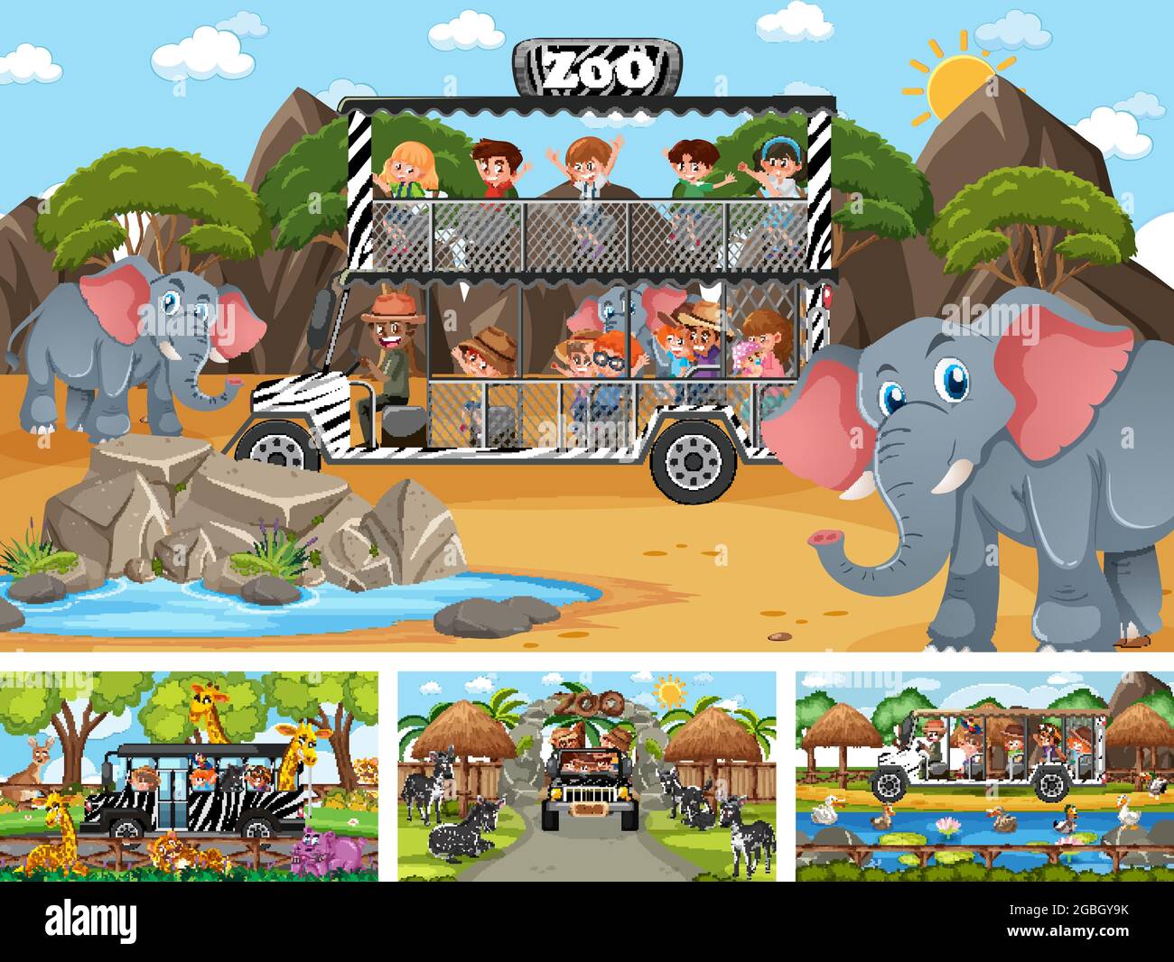 Set of different scenes with pirate ship at the sea and animals in the ...