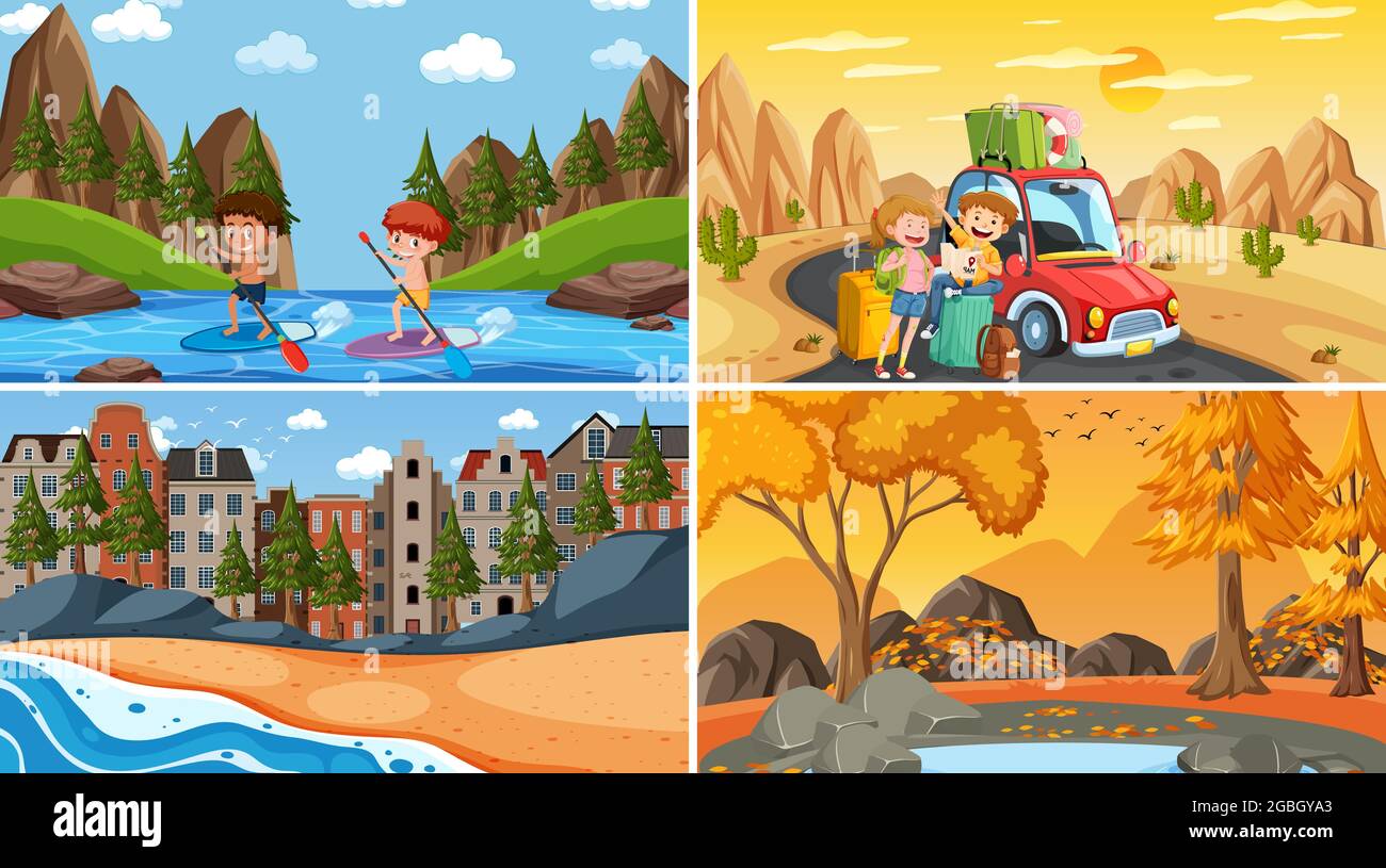 Set of different nature scenes cartoon style illustration Stock Vector ...