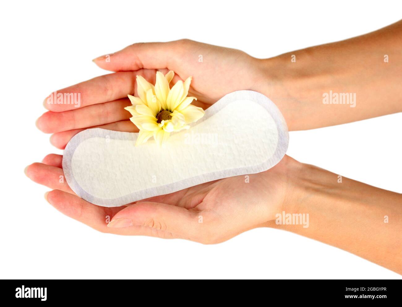 woman's hands holding a daily sanitary pad on white background close-up ...