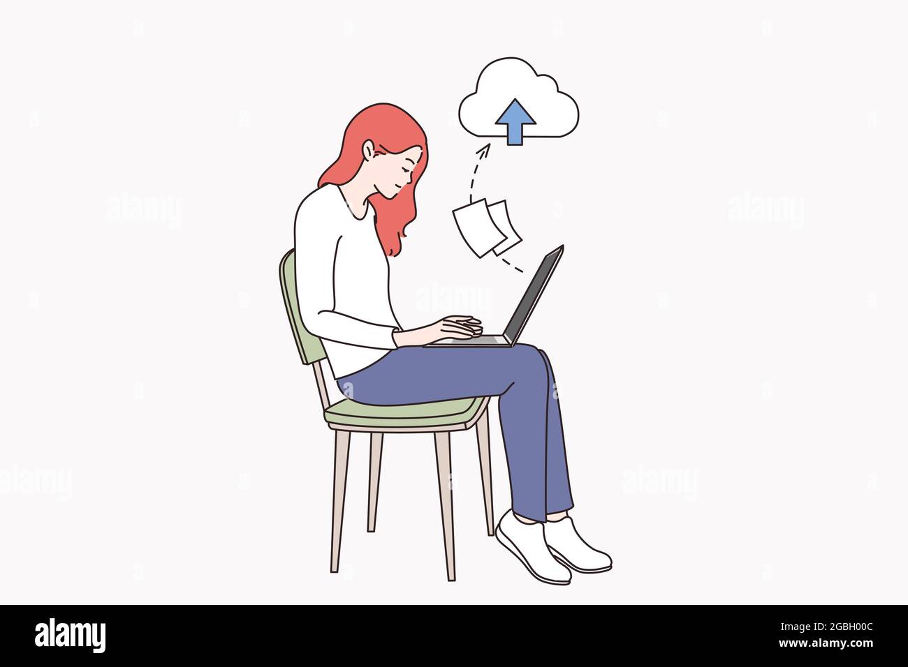 Downloading and storage in internet concept. Young smiling girl cartoon ...