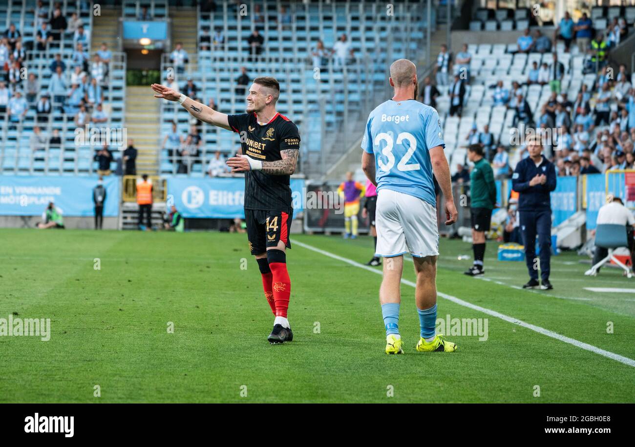 Malmo, Sweden. 03rd Aug, 2021. Ryan Kent (14) of Rangers FC seen during ...