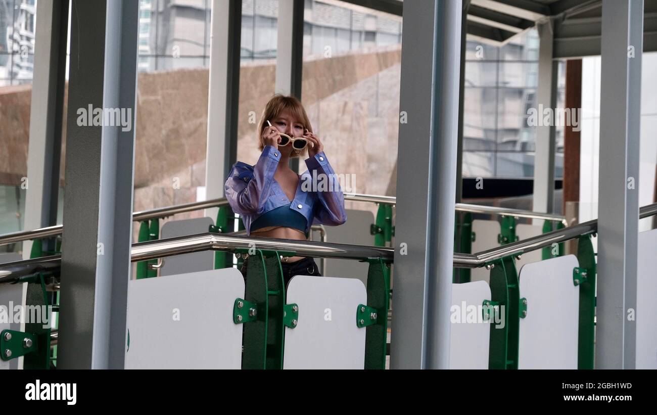 Asian Japanese Model Posing on Skytrain Station Platform Bangkok ...