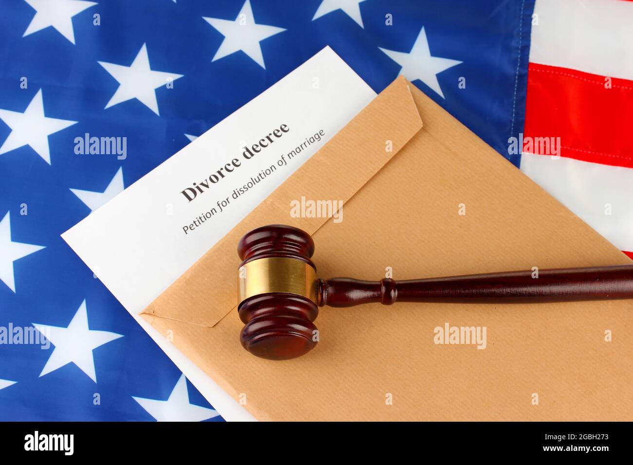 Divorce decree and envelope on american flag background Stock Photo - Alamy