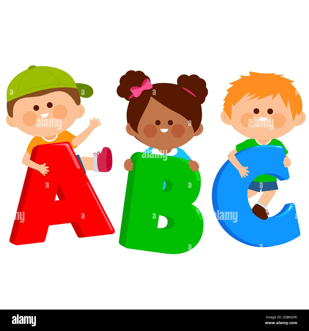 School boys and girls holding letters ABC. Children playing with ...