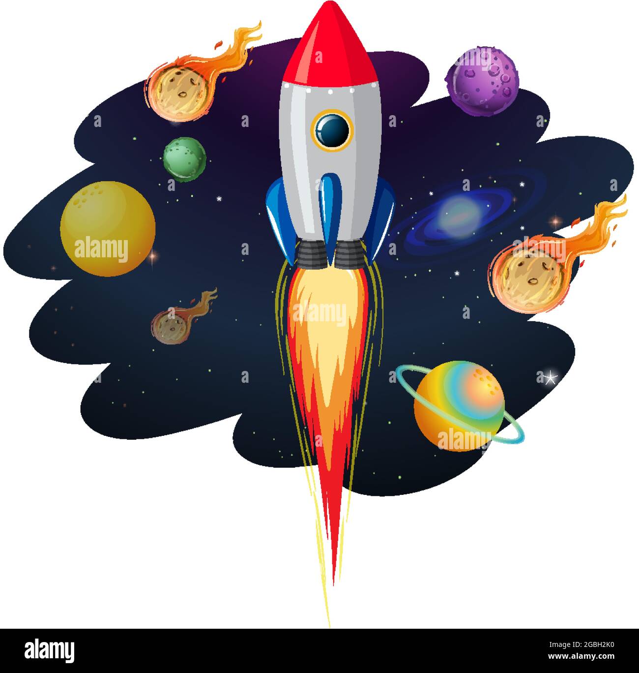 Rocket ship with many planets and asteroids illustration Stock Vector ...