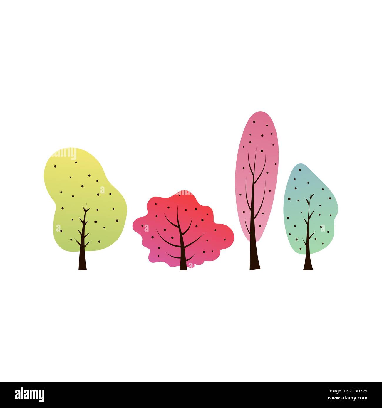Set of beautiful colorful doodle trees. Gradient illustration of a park ...