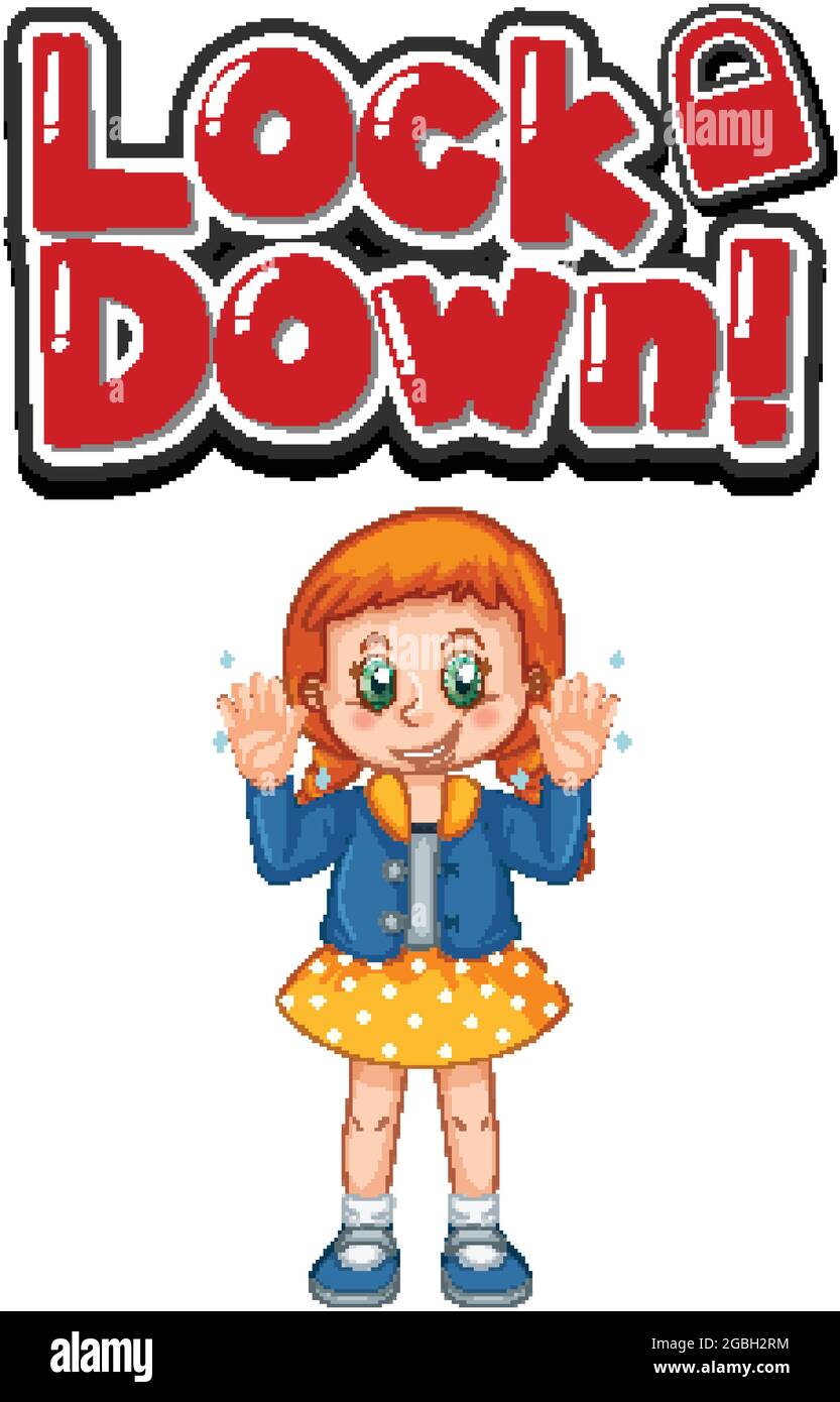 Lock down font design with a girl cartoon character isolated on white ...