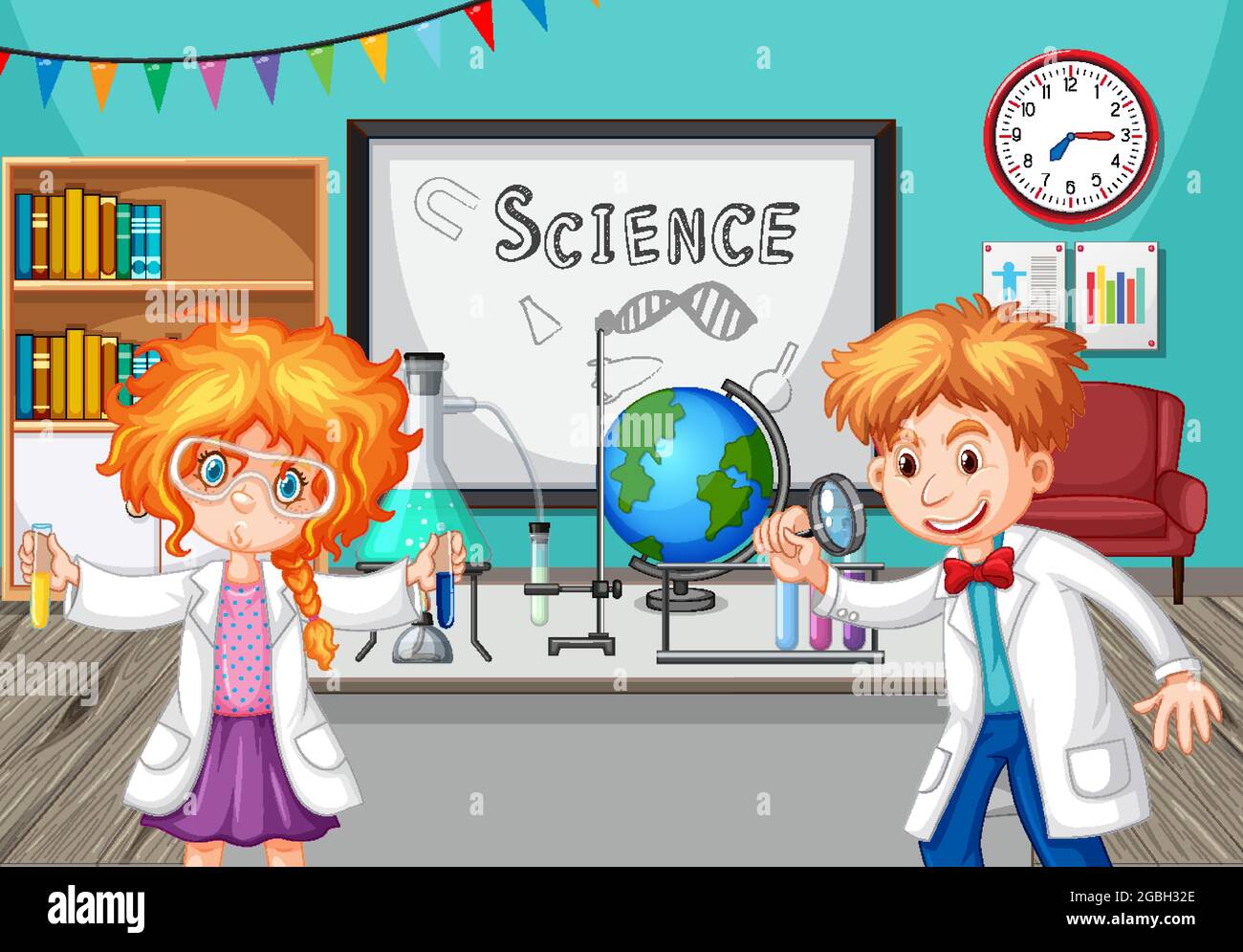 School kids doing chemistry experiment in the classroom illustration ...