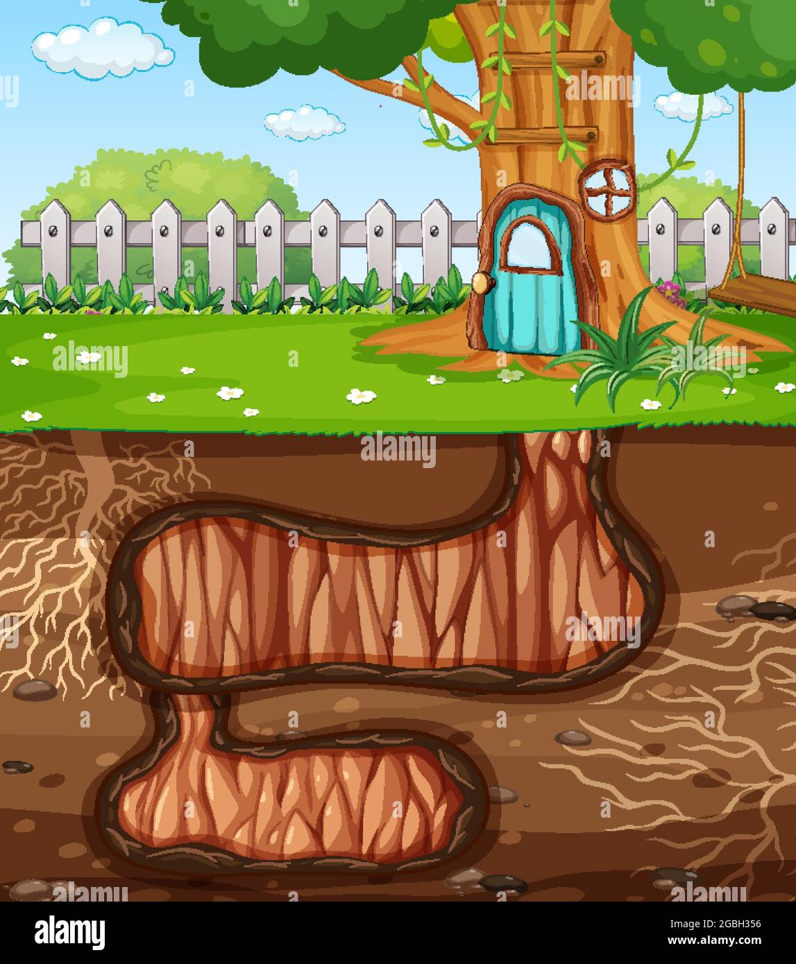Underground animal hole with ground surface of the garden scene ...