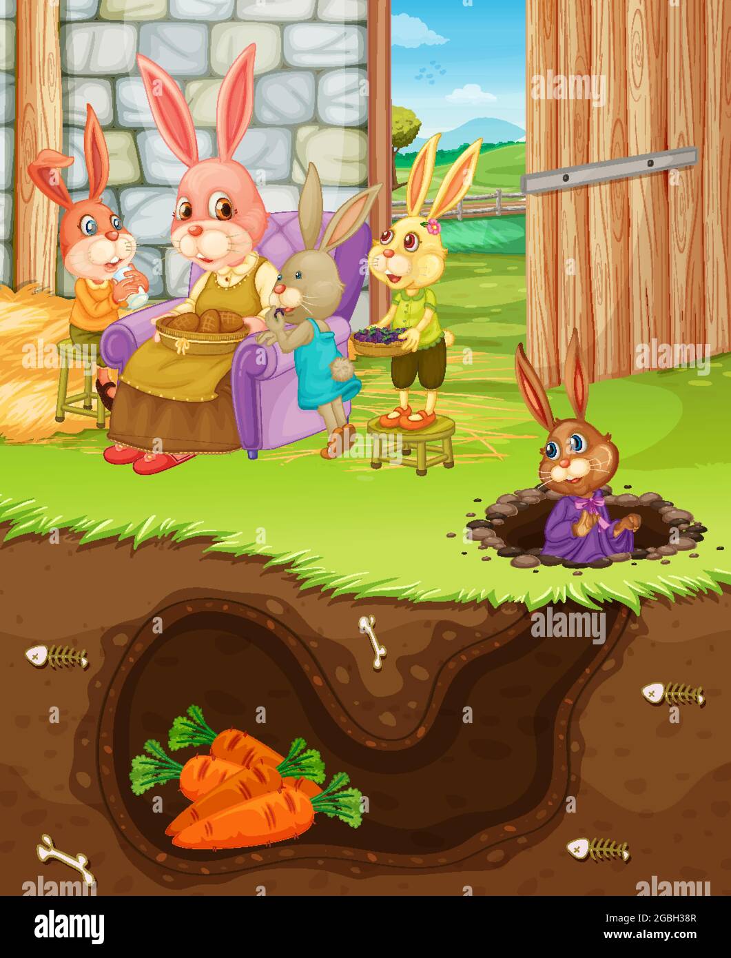 Underground rabbit hole with ground surface of the garden scene ...