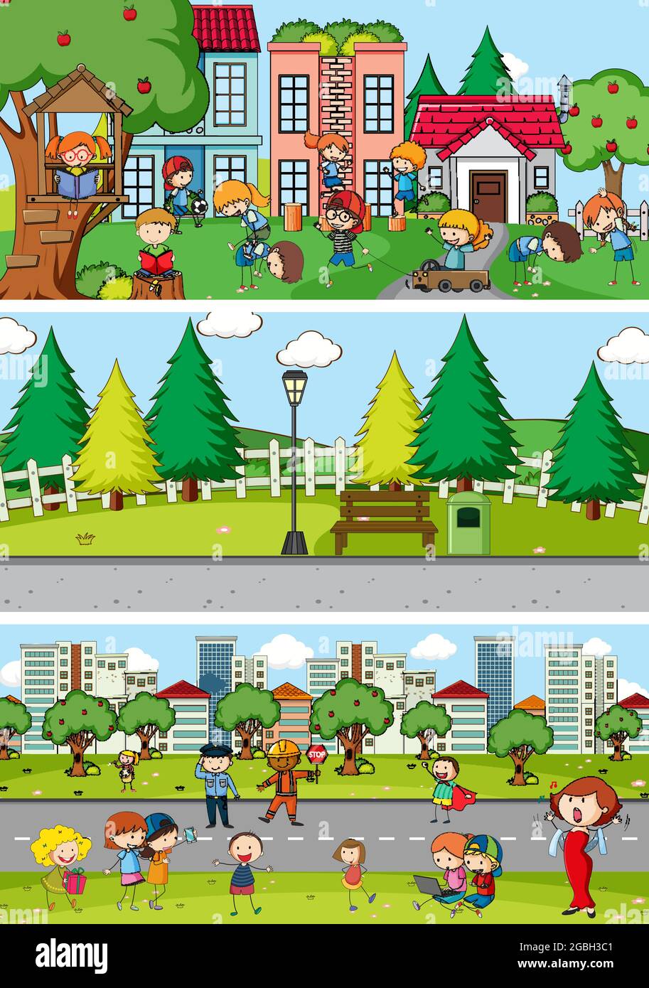Set of different horizon scenes background with doodle kids cartoon ...
