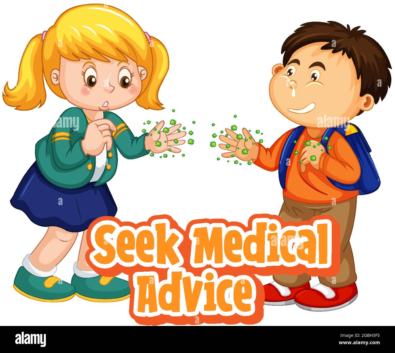 Seek Medical Advice font in cartoon style with two kids do not keep ...