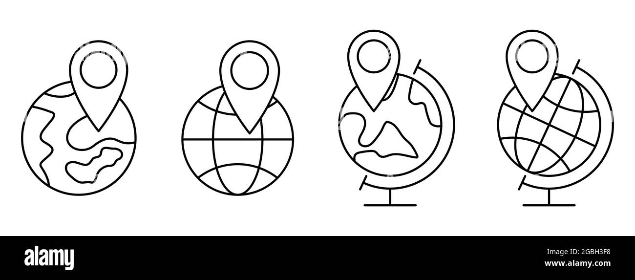 Planet Earth icon with location symbol. Set of linear globe icons ...