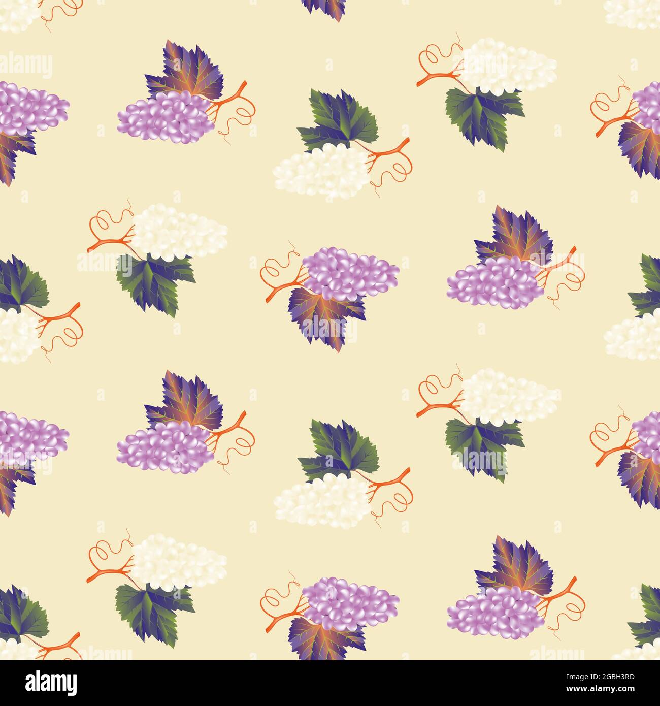 Ripe juicy bunches of white and purple grapes with leaves on a beige ...