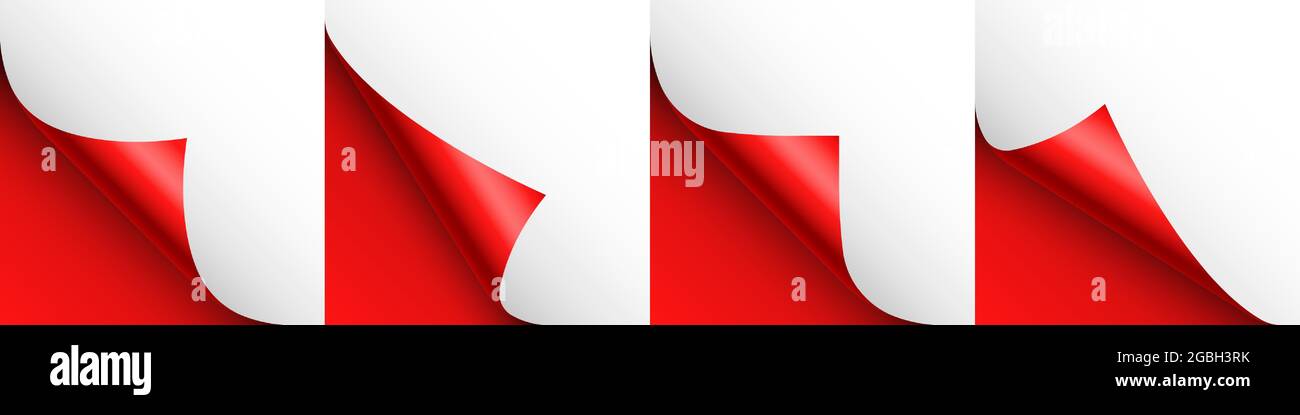 Set of red paper curls. Curled page corner with shadow. Blank sheet of ...