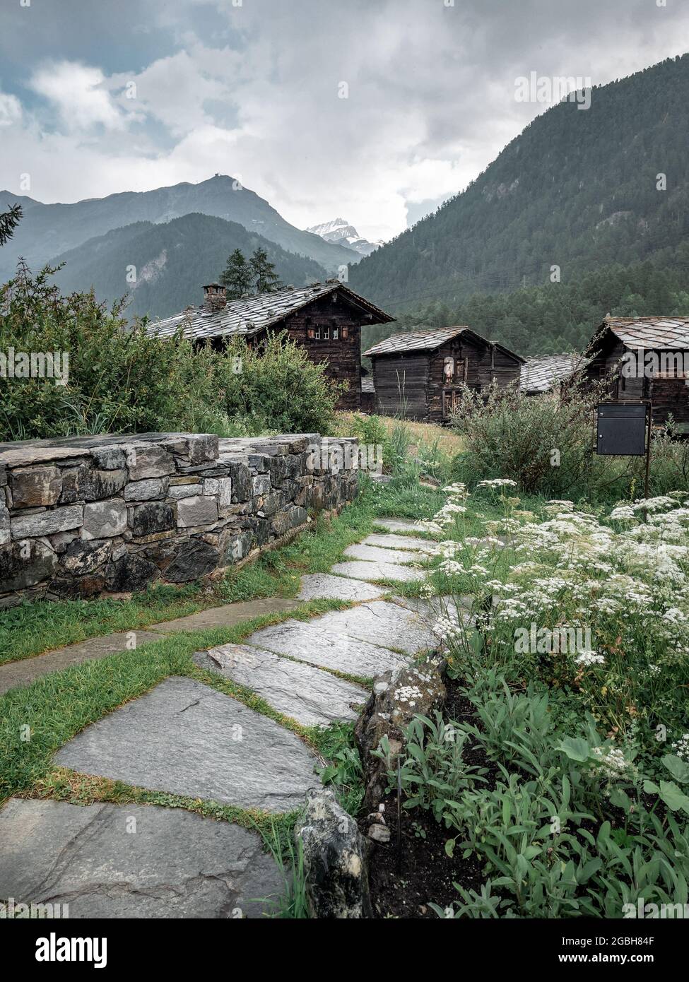 Swiss village of Blatten in Zermatt in summer, during a thunderstorm ...