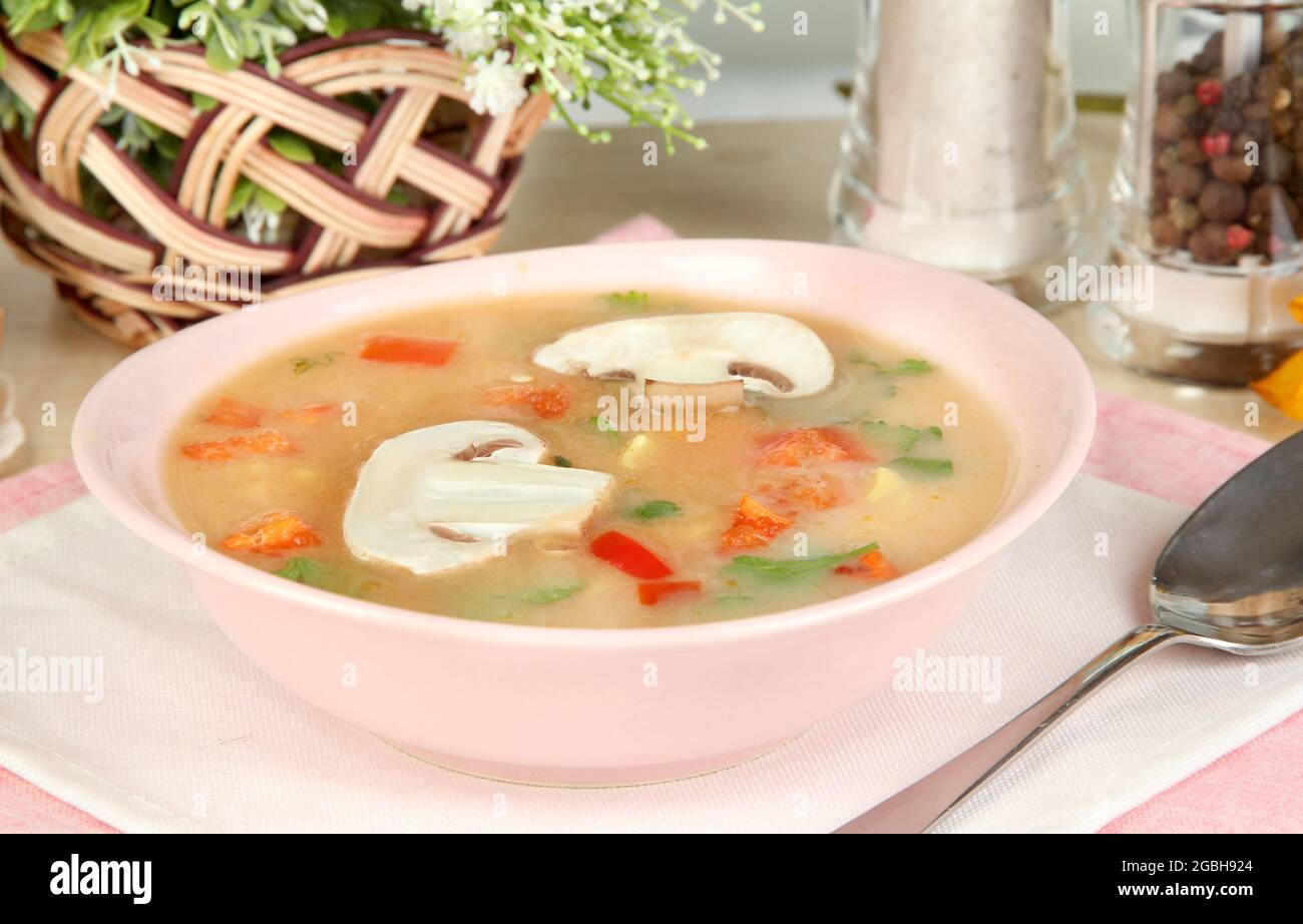 Fragrant soup in pink plate on table on window background close-up ...