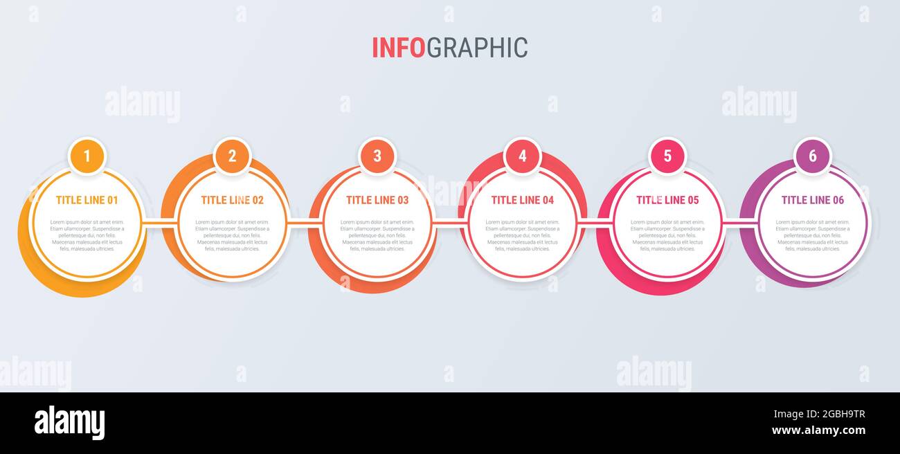 Red diagram, infographic template. Timeline with 6 options. Rounded ...