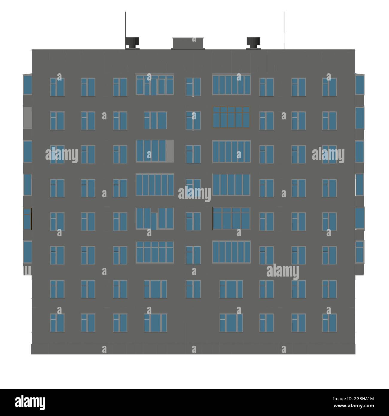 Multi-storey residential building isolated on a white background. Front ...