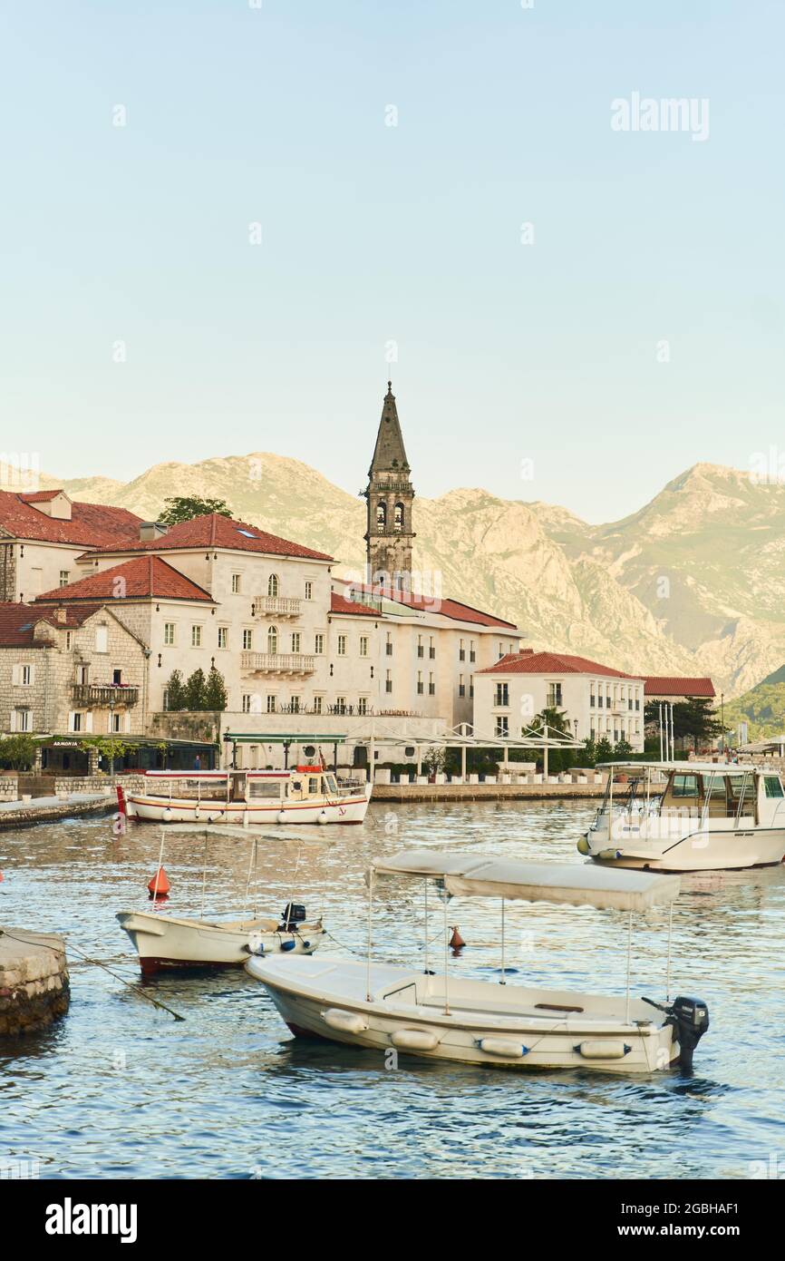 Historic city of Perast in the Bay of Kotor in summer at sunset Stock ...