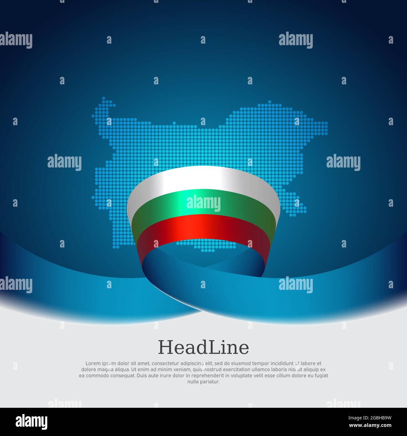 Bulgaria flag, mosaic map on blue white background. Wavy ribbon with ...