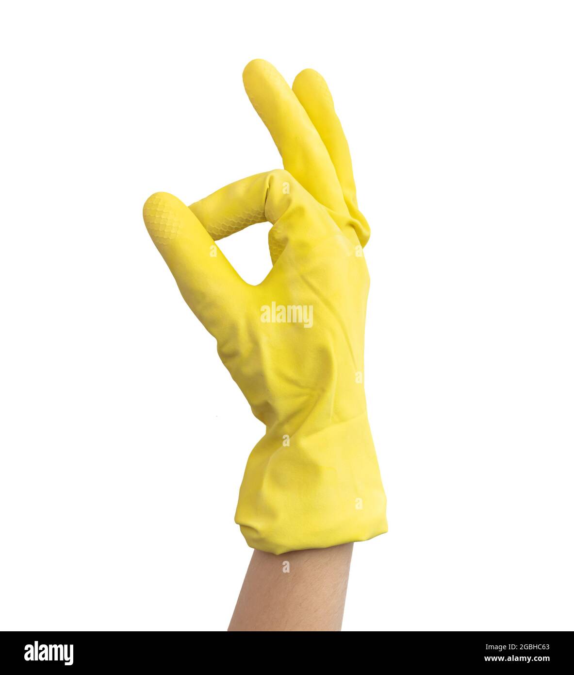 Hand in yellow rubber glove, cleaning concept, gesture symbol ok ...