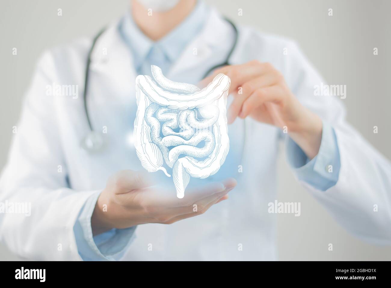 Female doctor holding virtual Intestine in hand. Handrawn human organ ...