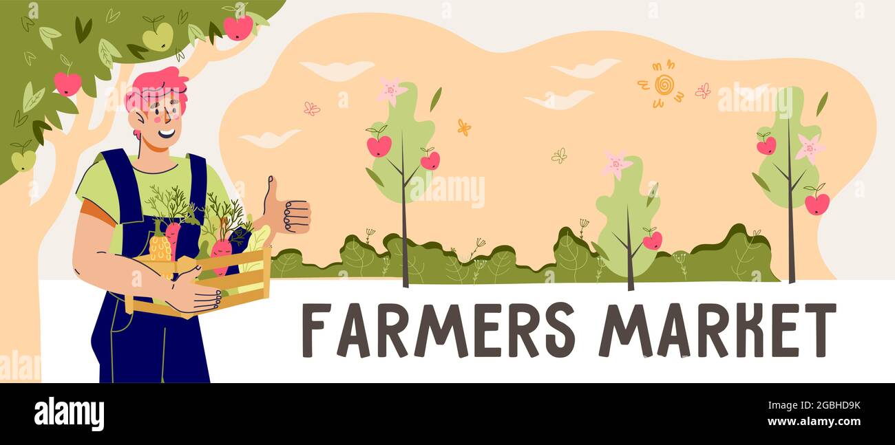 Farmers market banner or flyer design with smiling farmer presenting ...