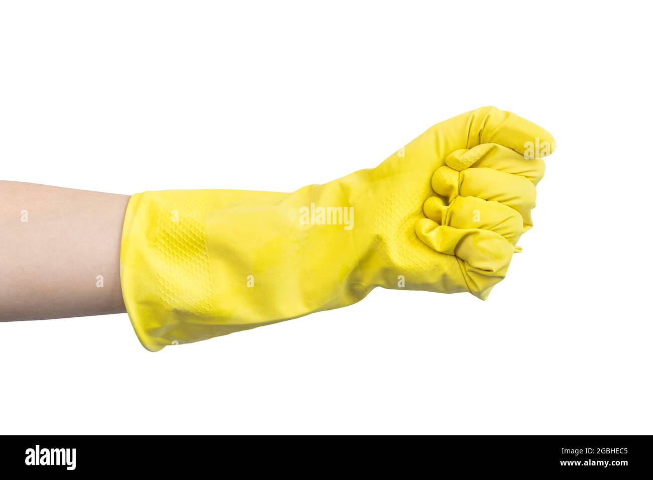 Hand in yellow rubber glove in clenching fist gesture, isolated on a ...
