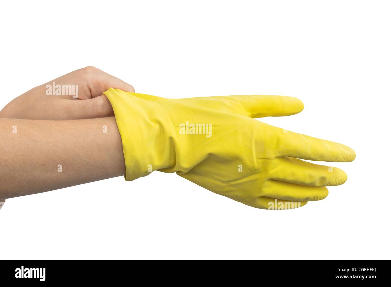 Hands wearing yellow rubber glove, cleaning concept, isolated on a ...