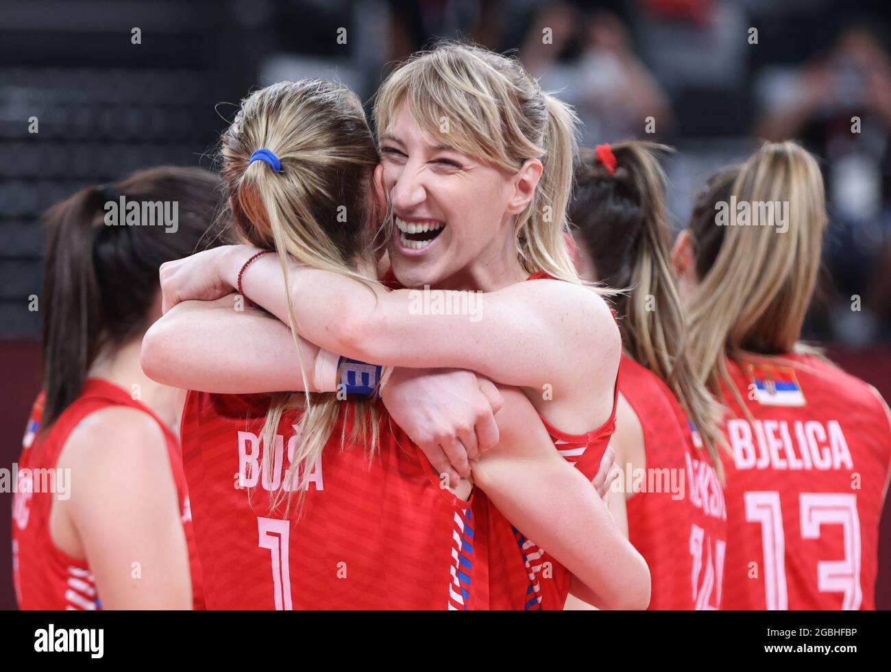 TOKYO, Aug. 4, 2021 (Xinhua) -- Serbia's Bianka Busa (front) celebrates ...