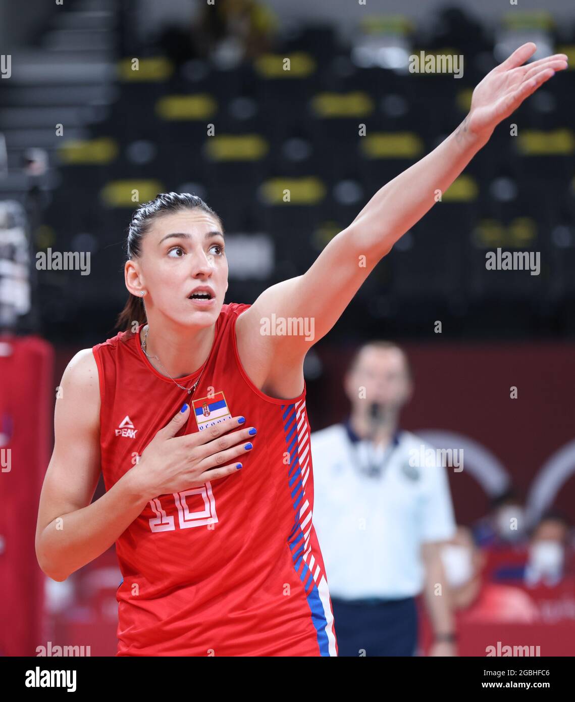 TOKYO, Aug. 4, 2021 (Xinhua) -- Serbia's Tijana Boskovic reacts during ...