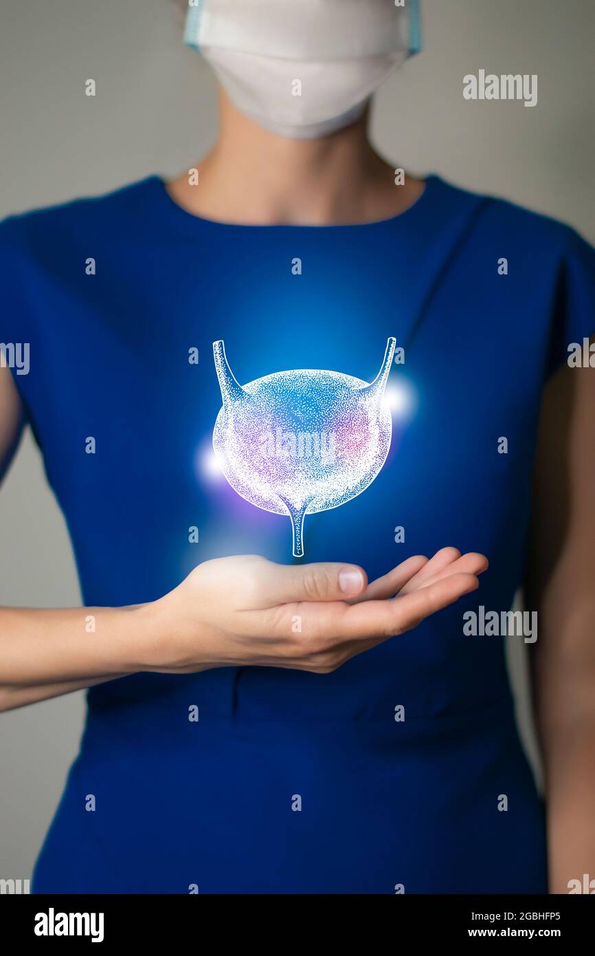 Woman in blue clothes holding virtual Bladder in hand. Handrawn human ...