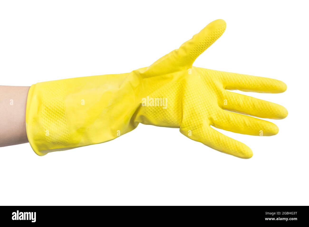 Hand in yellow kitchen rubber glove, isolated on a white background ...