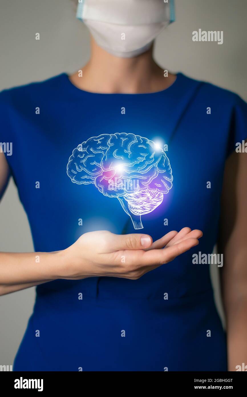 Woman in blue clothes holding virtual Brain in hand. Handrawn human ...