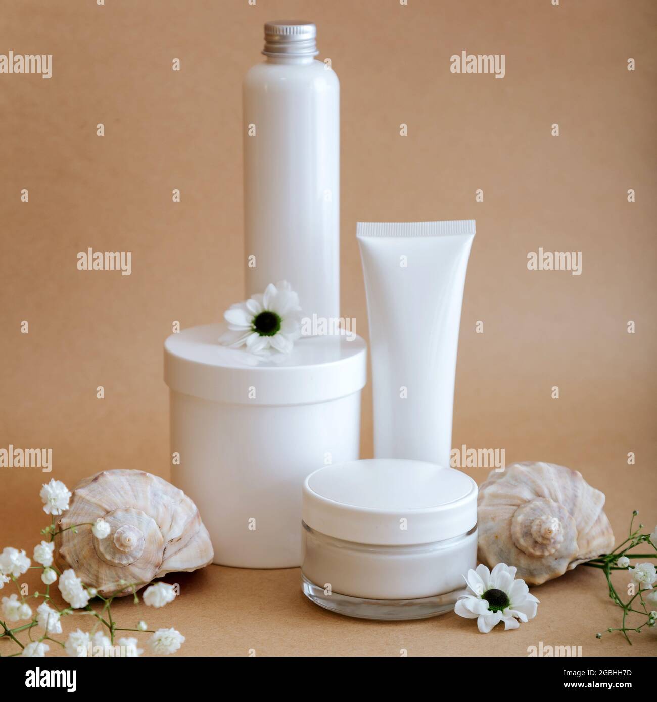 Set Natural Beauty Cosmetic Skincare Products With Flowers Sea Shells