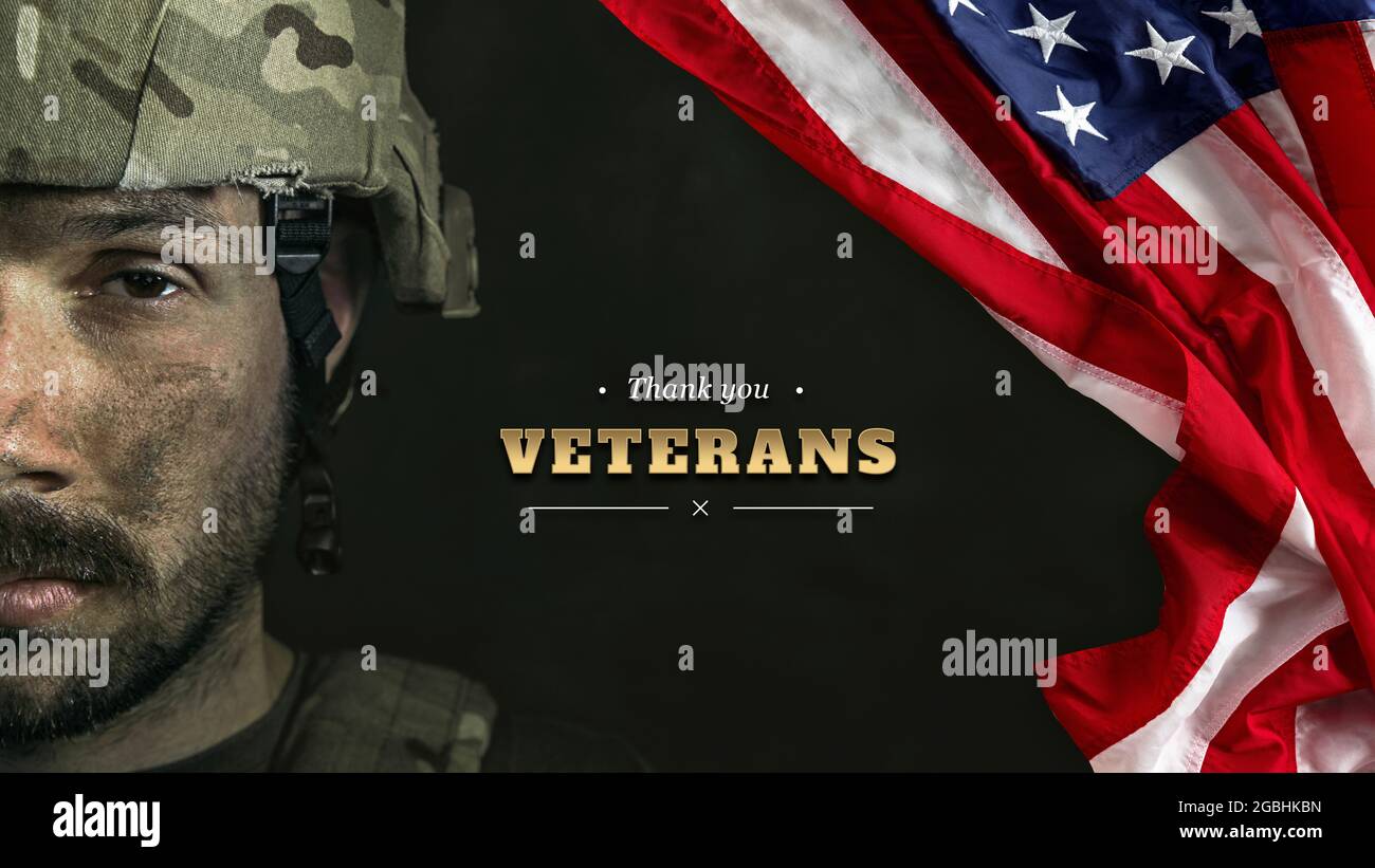 Poster, banner for Veterans day, Memorial day. Close-up American male ...