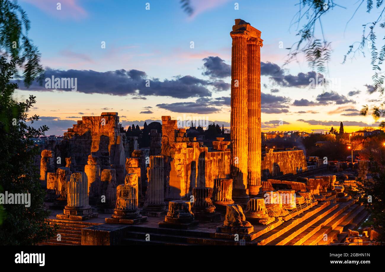 Lighted ruins of Apollo Temple at Didyma at dusk, Turkey Stock Photo ...