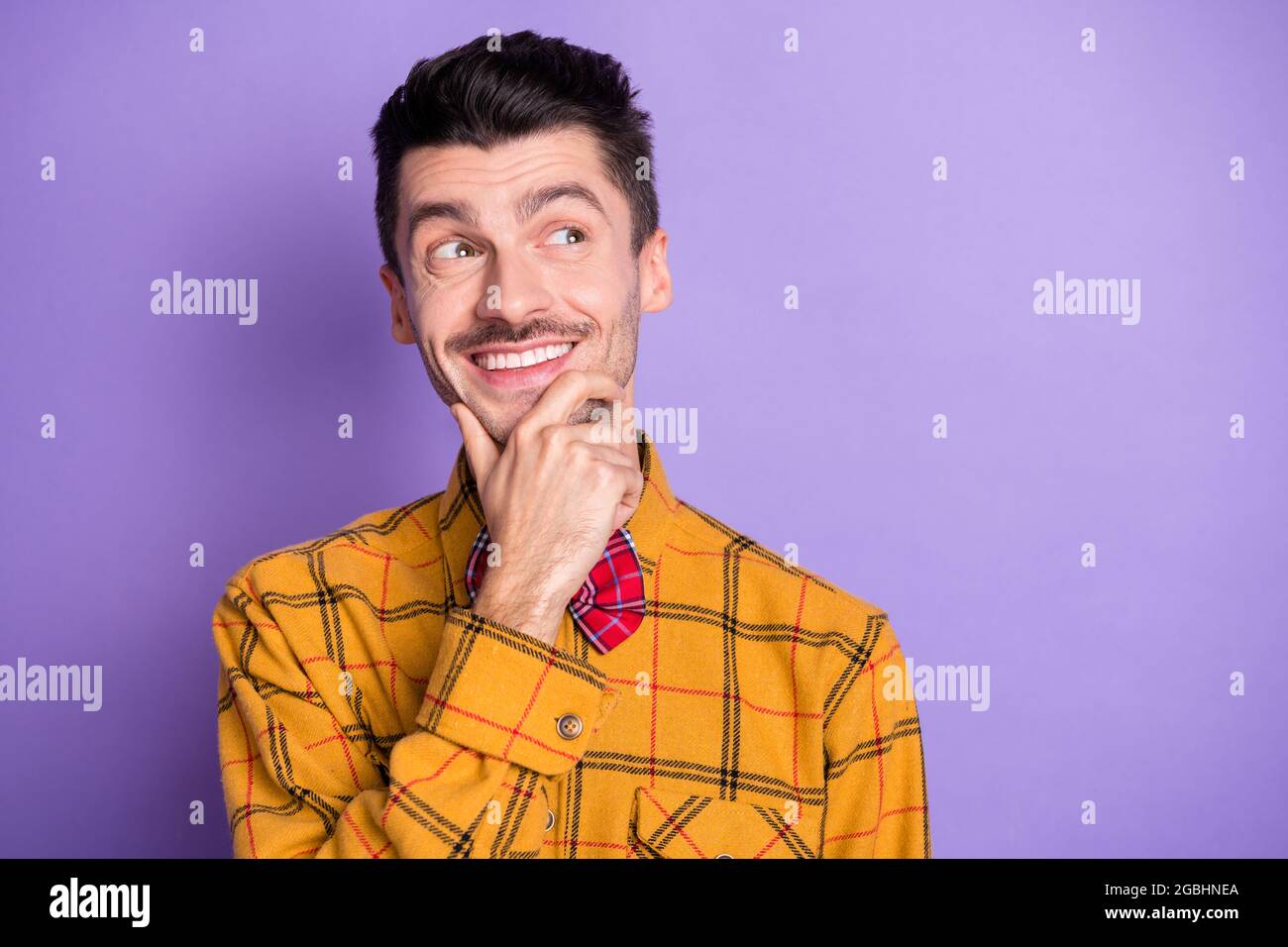 Photo of young man happy positive smile dream dreamy look empty space ...