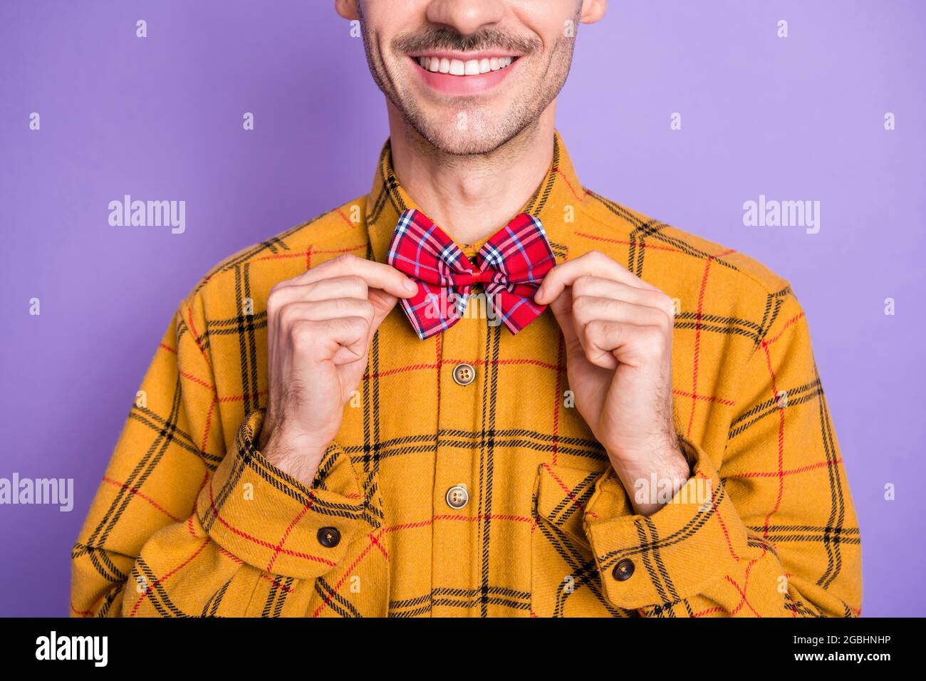Cropped photo of cheerful smiling young guy dressed checkered shirt ...