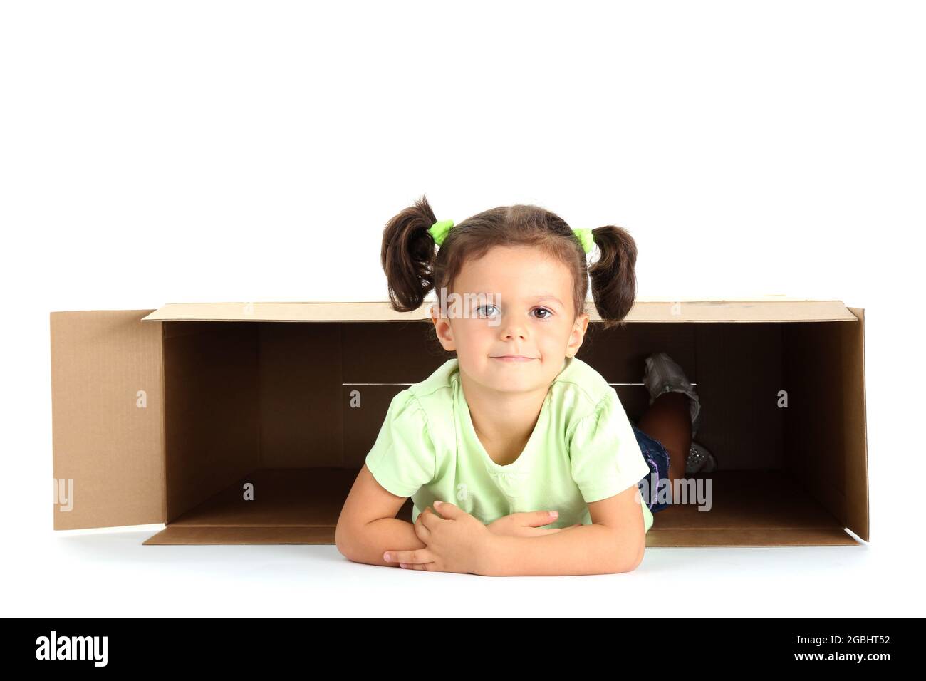 beautiful little girl with box isolated on white Stock Photo - Alamy