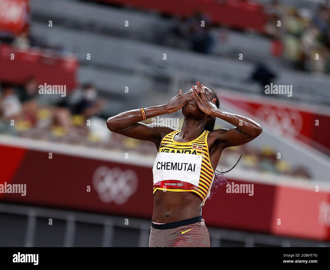 Tokyo, Japan. 4th Aug, 2021. Peruth Chemutai of Uganda celebrates after ...