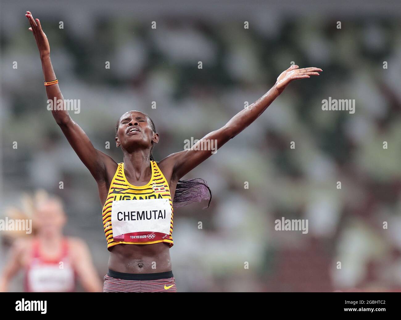 Tokyo, Japan. 4th Aug, 2021. Peruth Chemutai of Uganda celebrates after ...