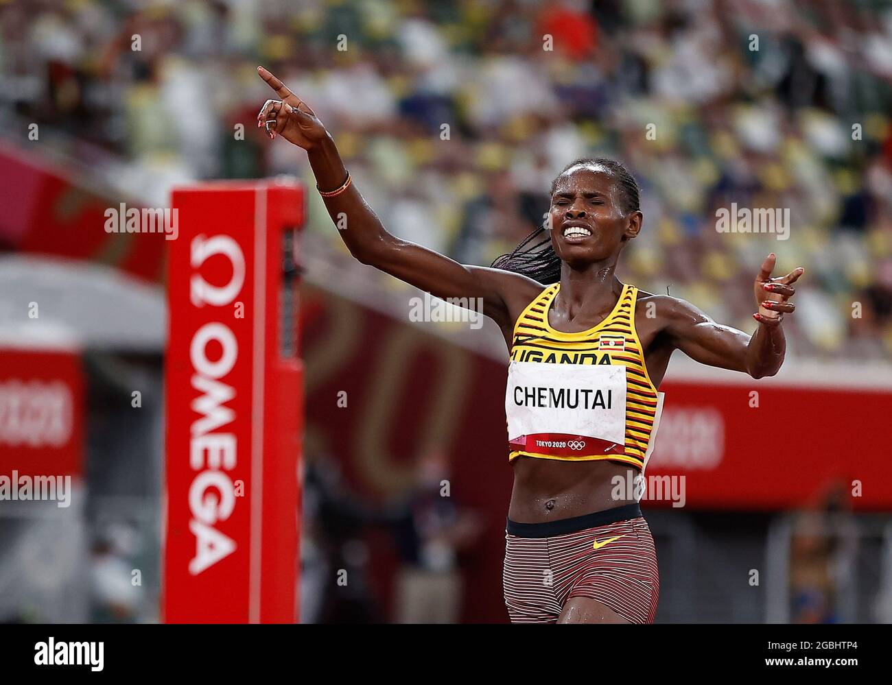 Tokyo, Japan. 4th Aug, 2021. Peruth Chemutai of Uganda celebrates after ...
