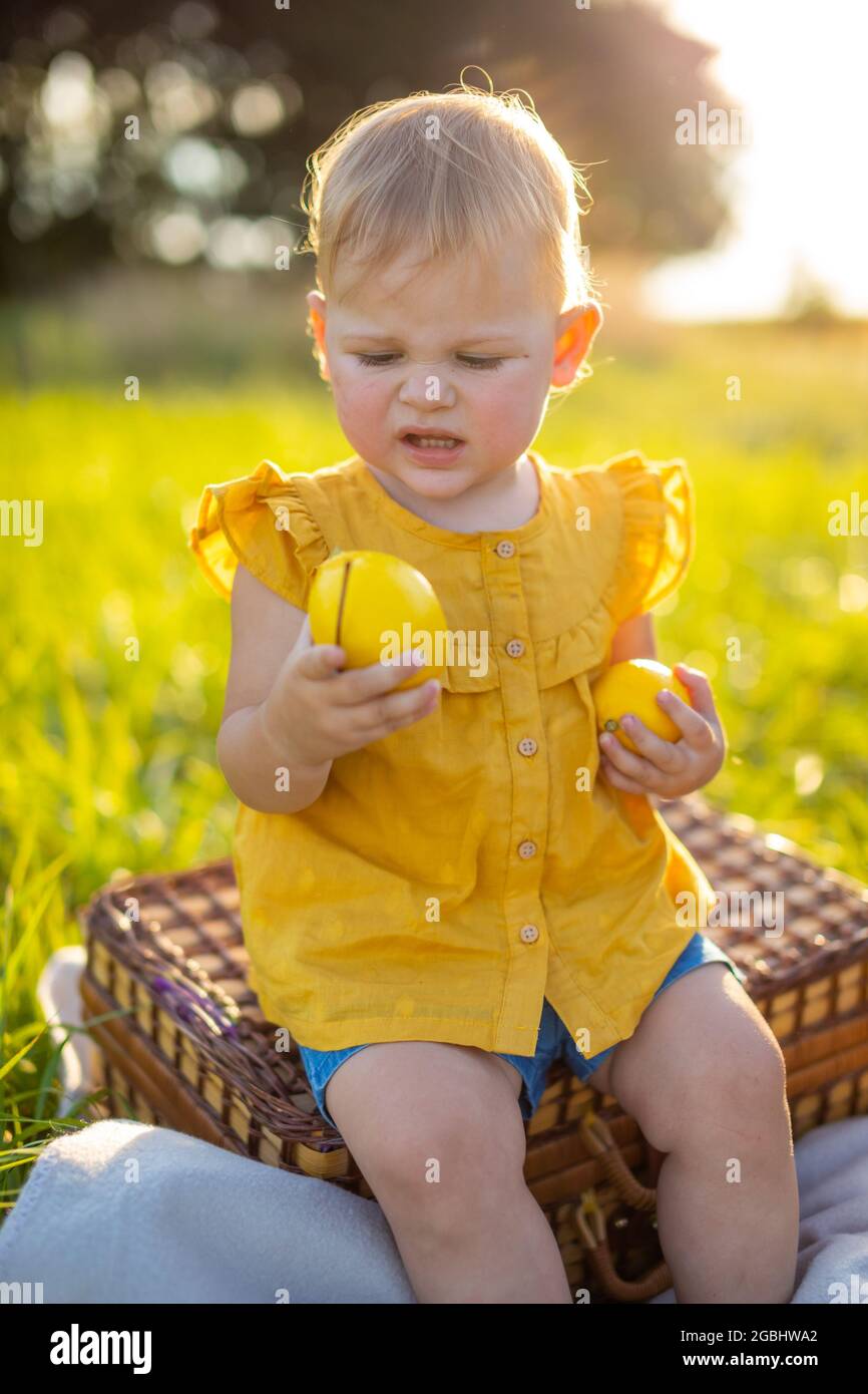 Little girl eats fresh fruits on a picnic at sunset lights in nature ...